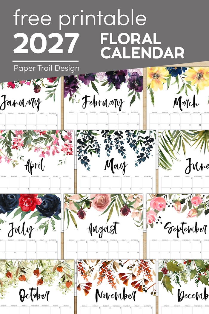 Free 2027 Calendar Printable - Floral - Paper Trail Design