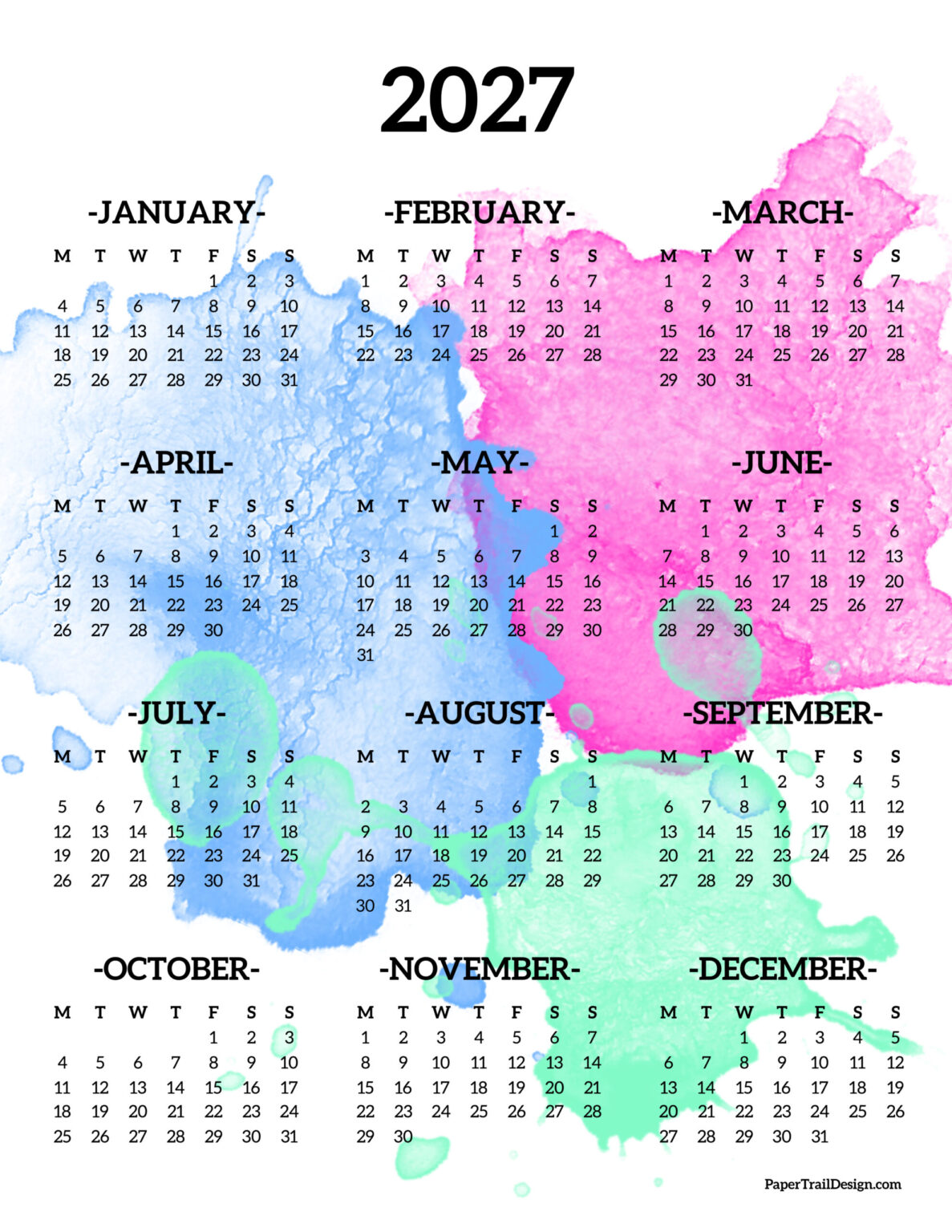 2027 Monday Start Calendar - One Page - Paper Trail Design