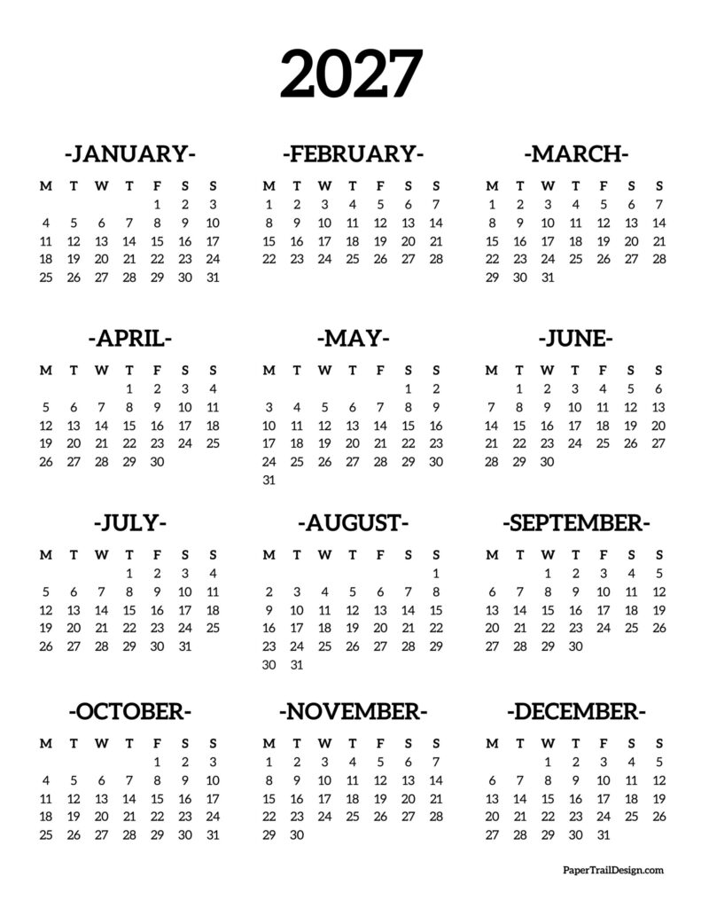 2027 Monday Start Calendar - One Page - Paper Trail Design