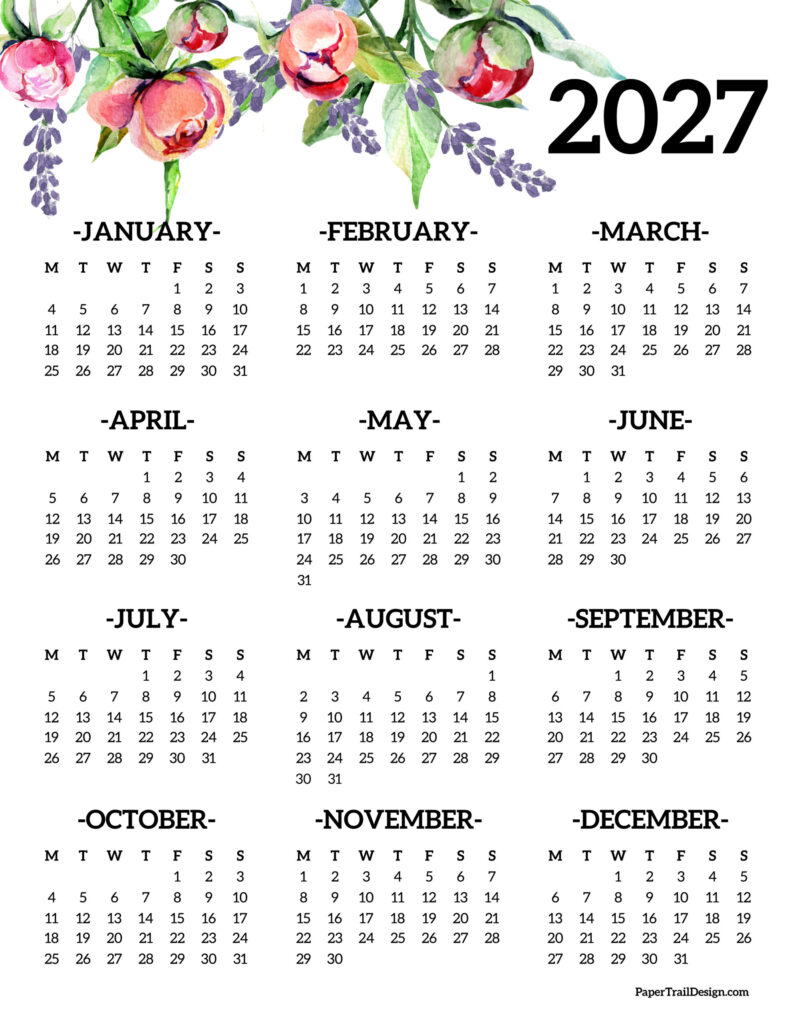 2027 Monday Start Calendar - One Page - Paper Trail Design
