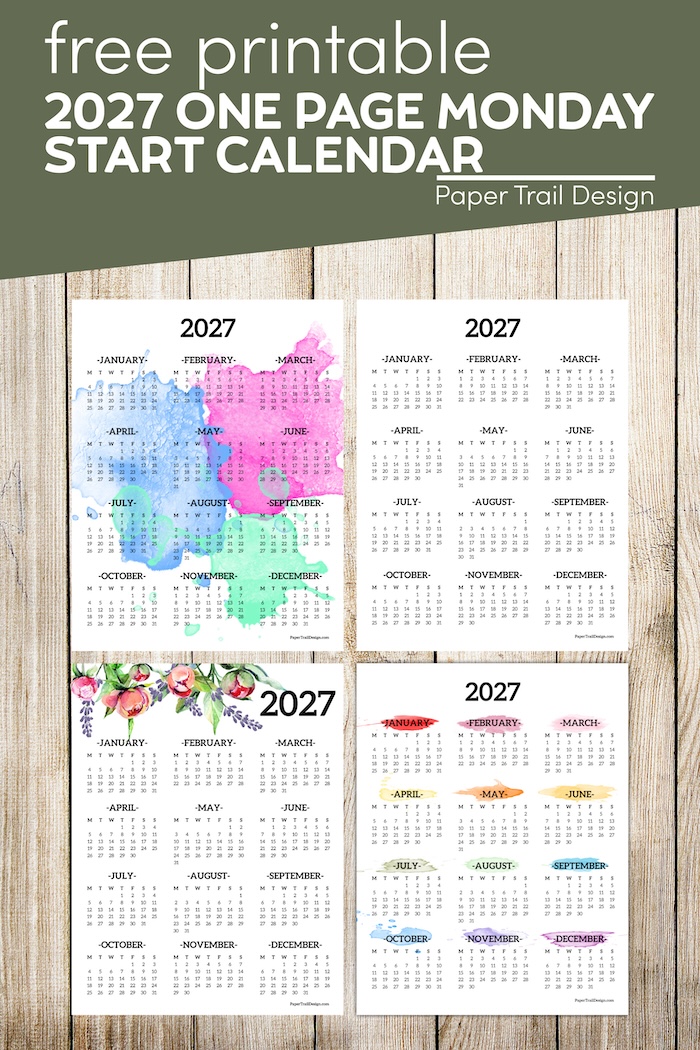 2027 Monday Start Calendar - One Page - Paper Trail Design