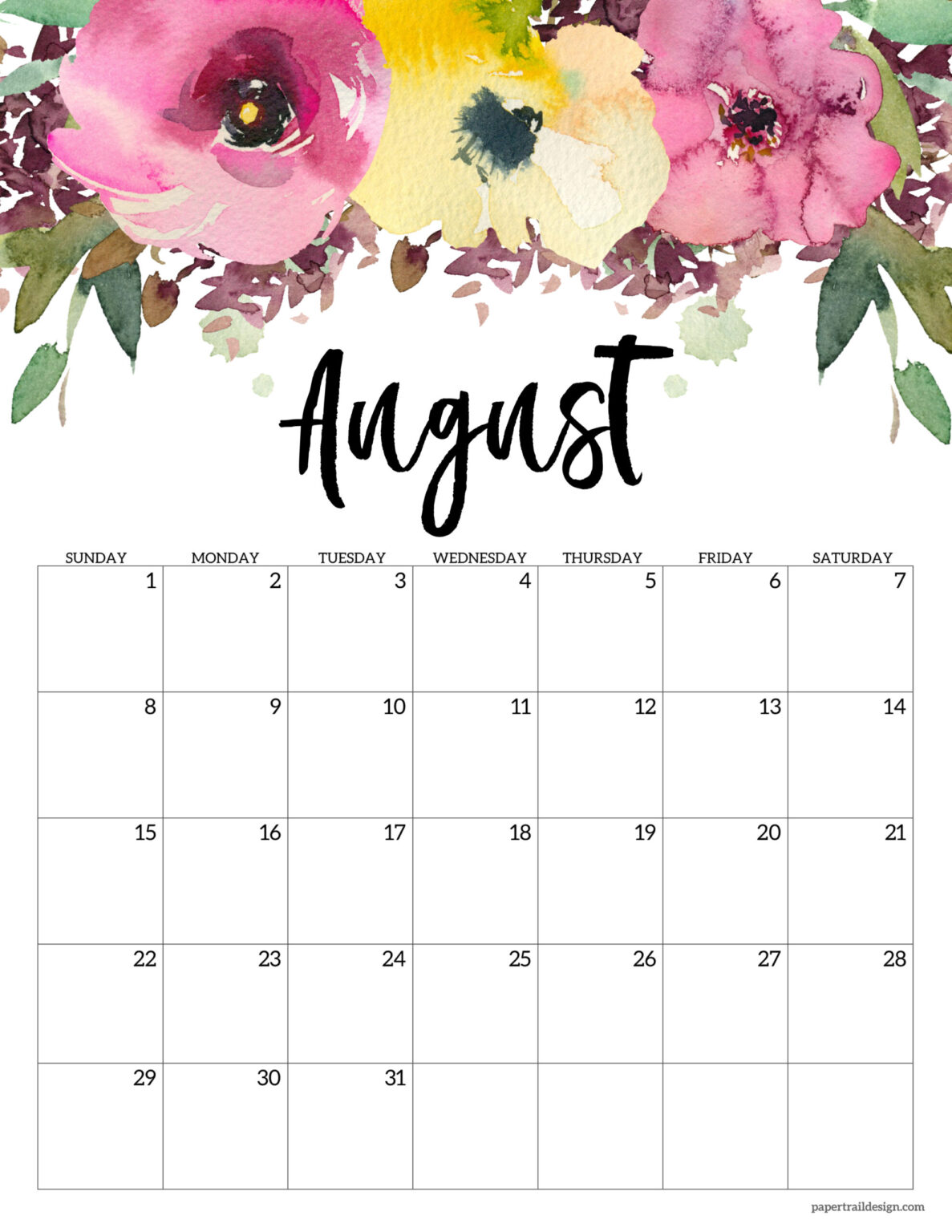 Floral Printable Monthly Calendar - 2027 - Paper Trail Design